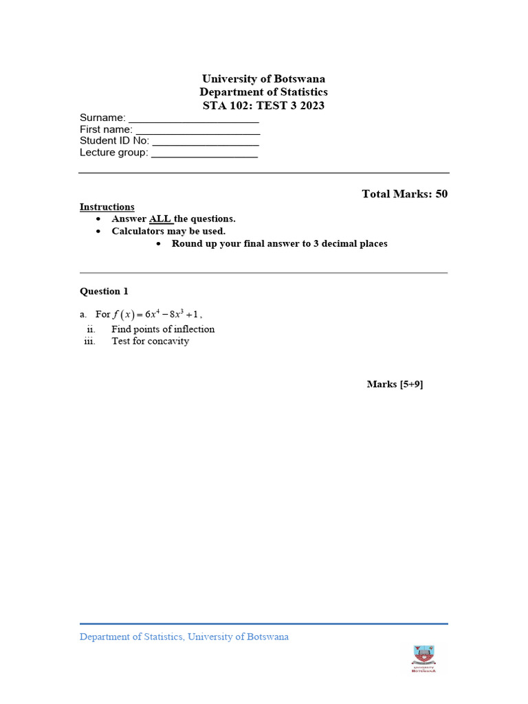 STA 102 Test 3 2023: Statistics Exam | PDF