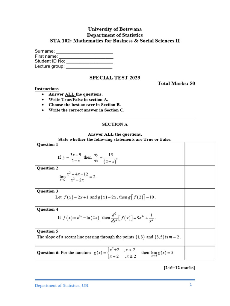 STA 102 Special Test 2023 | PDF | Mathematics | Mathematical Analysis