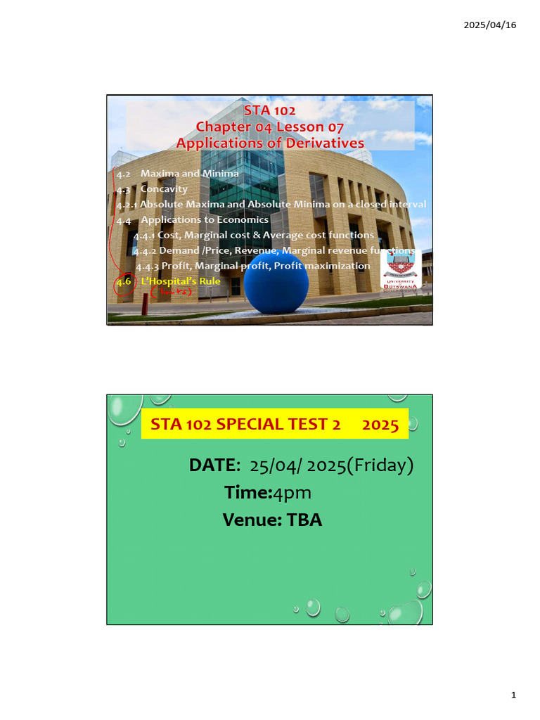 STA 102 Chapter 04 Lesson 07 LHospital Rule Apr 16 2025 | PDF | Profit (Economics) | Economies