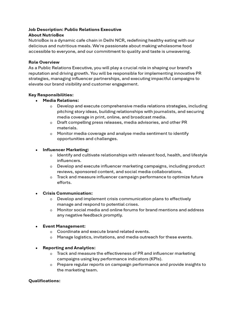 Public Relations Job Description | PDF | Public Relations | Brand