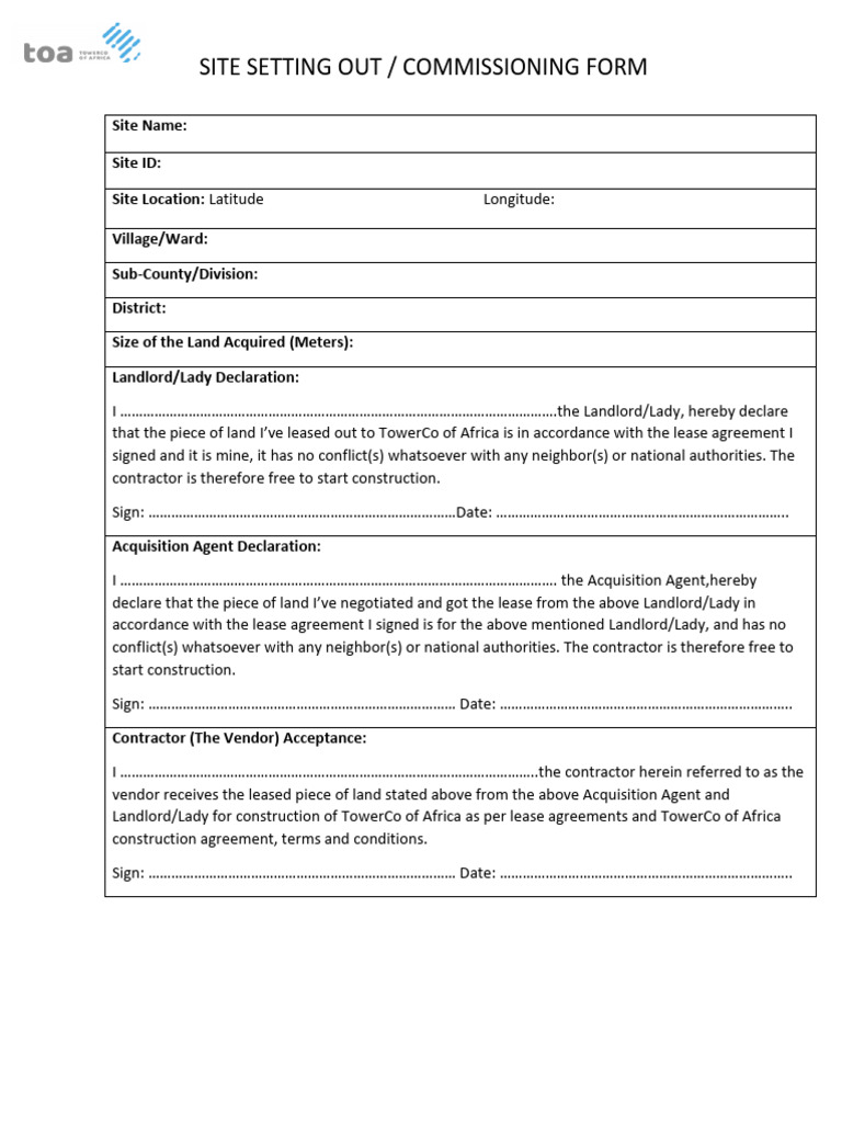 TOA Site Setting & Commissioning Form - Supervisor | PDF