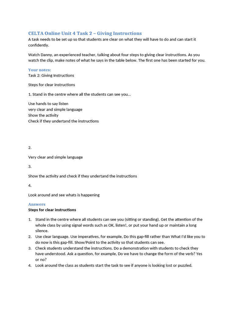 CELTA Online Unit 4 Task 2 - Giving Instructions | PDF