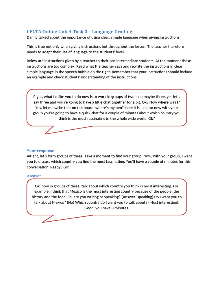 CELTA Online Unit 4 Task 3 - Language Grading | PDF