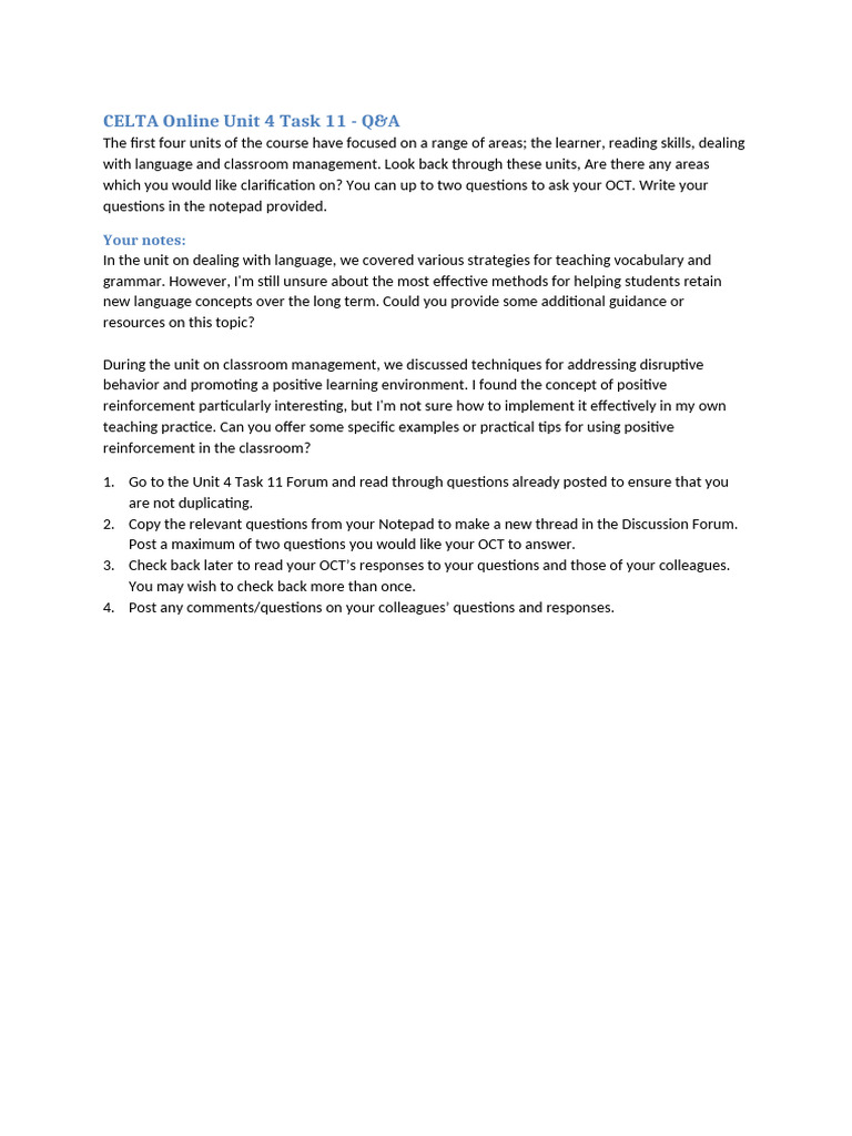 CELTA Online Unit 4 Task 11 - Q and A | PDF