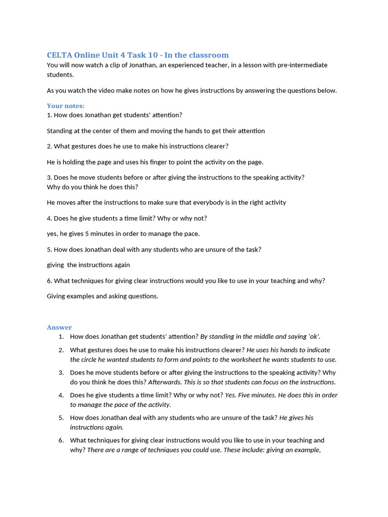 CELTA Online Unit 4 Task 10 - in The Classroom | PDF
