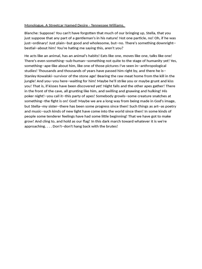 Monologue Blanche Streetcar | PDF