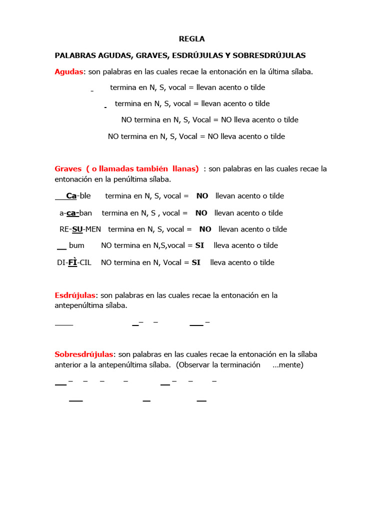Ejercicio de Palabras Agudas, Graves, Esdrújulas y Sobresdrújulas | PDF ...