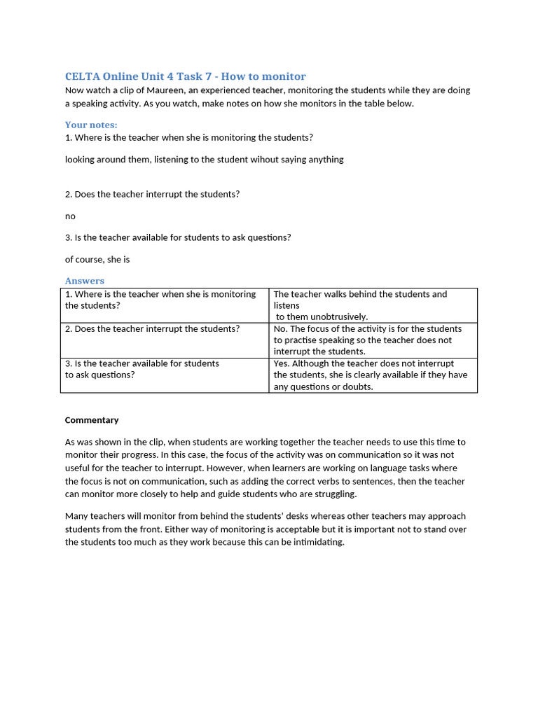 CELTA Online Unit 4 Task 7 - How To Monitor | PDF
