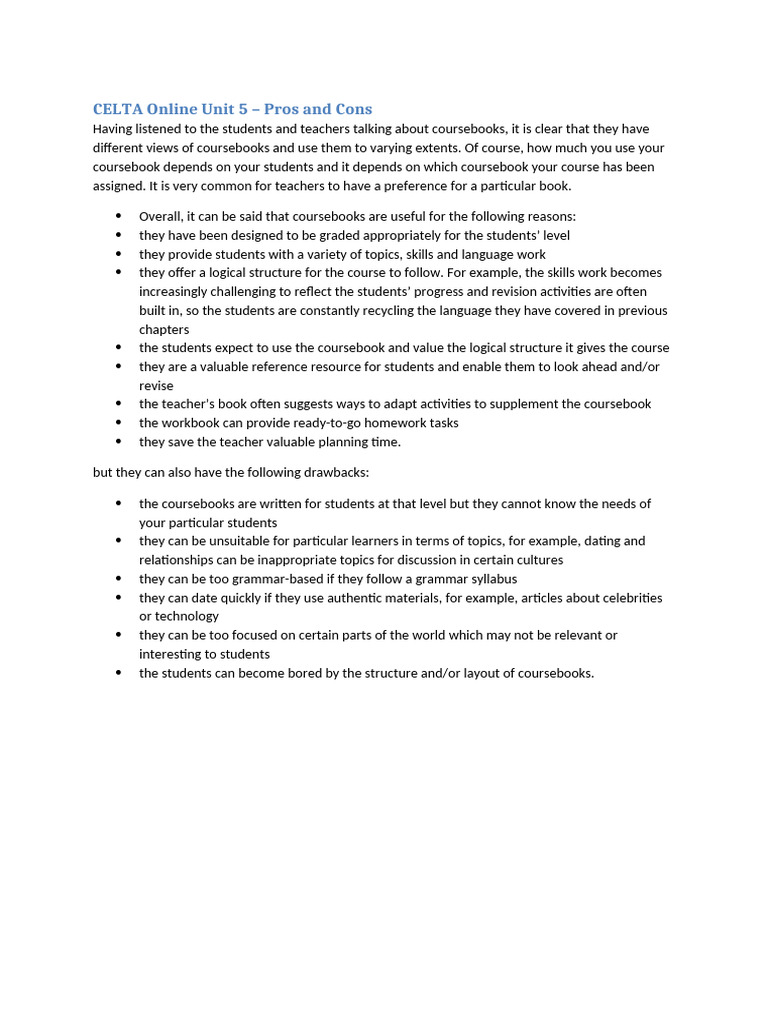 CELTA Online Unit 5 - Pros and Cons | PDF