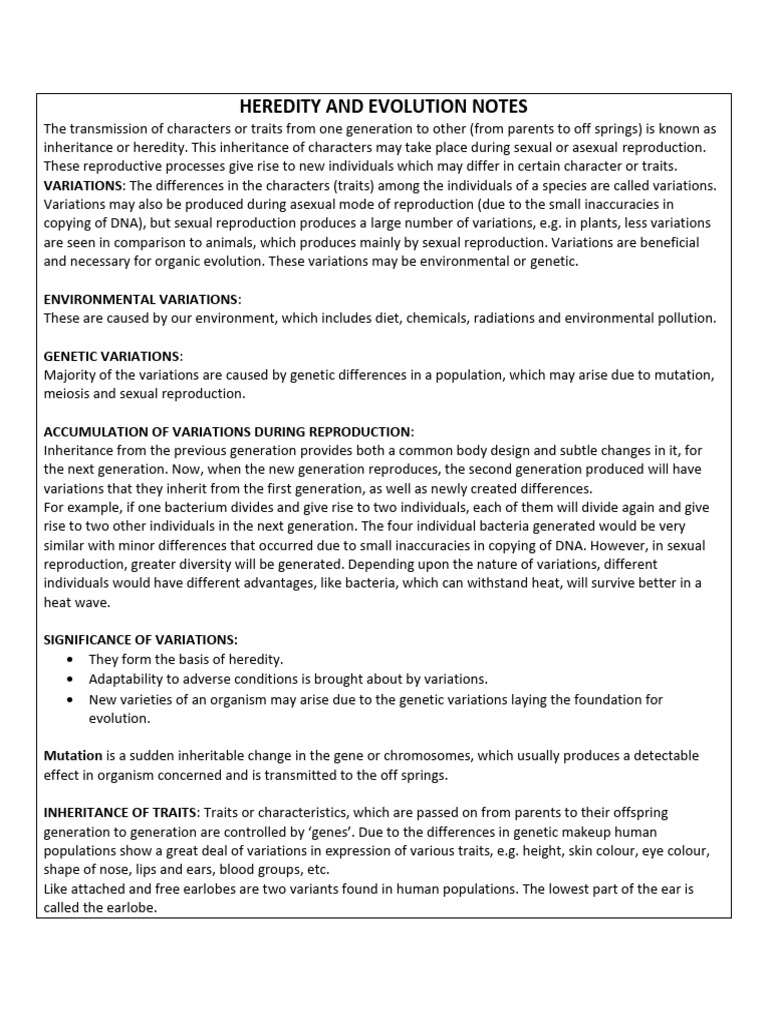 Heredity and Evolution Notes | PDF | Dominance (Genetics) | Sex