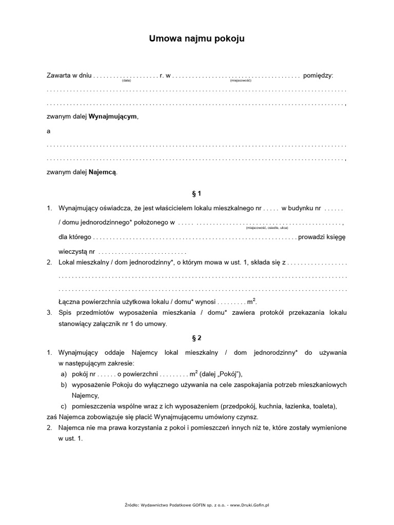 Umowa Najmu Pokoju | PDF