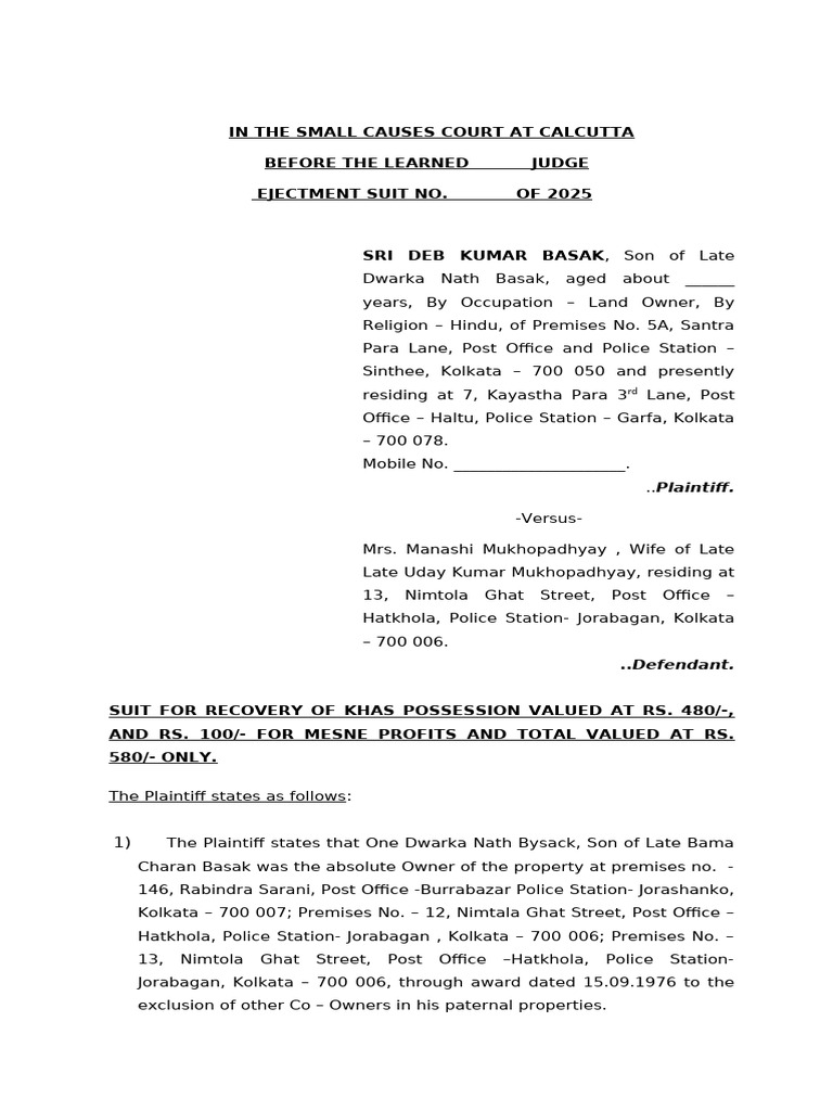 Ejectment Suit - Deb Kumar Basak - Manashi Mukhopadhyay - Dated 02.04.2025 | PDF | Probate | Lease