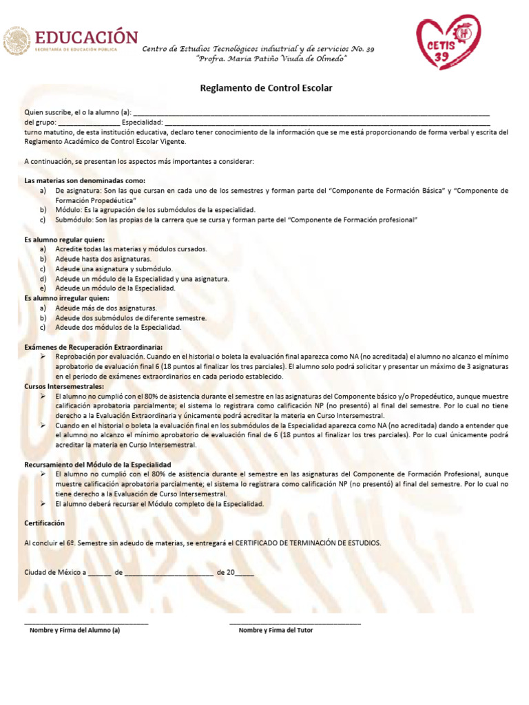 Reglamento de Control Escolar | PDF