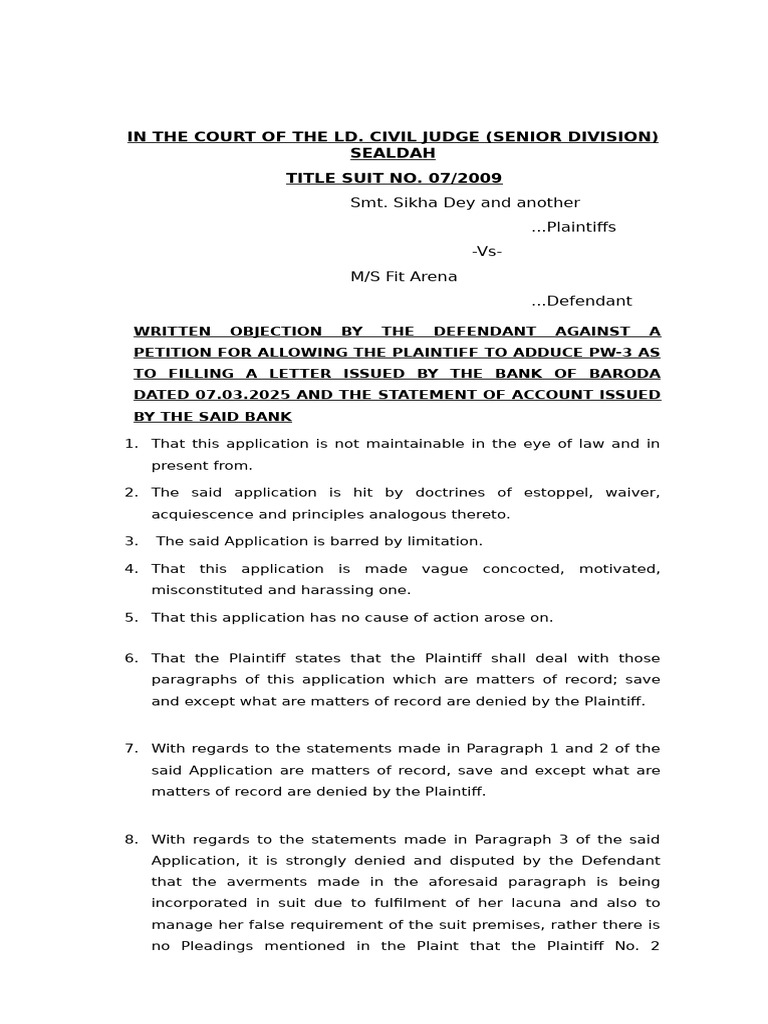 Written Objection - 07 of 2009 - Sikha Dey - MS. Fit Arena - Dated 29. ...