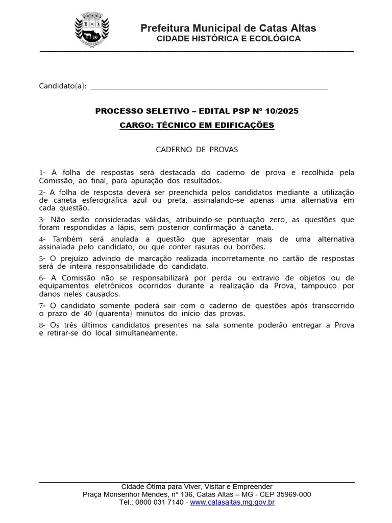 Prefeitura de Catas Altas MG 2025 Prefeitura de Catas Altas MG Tecnico em Edificacoes Prova ...