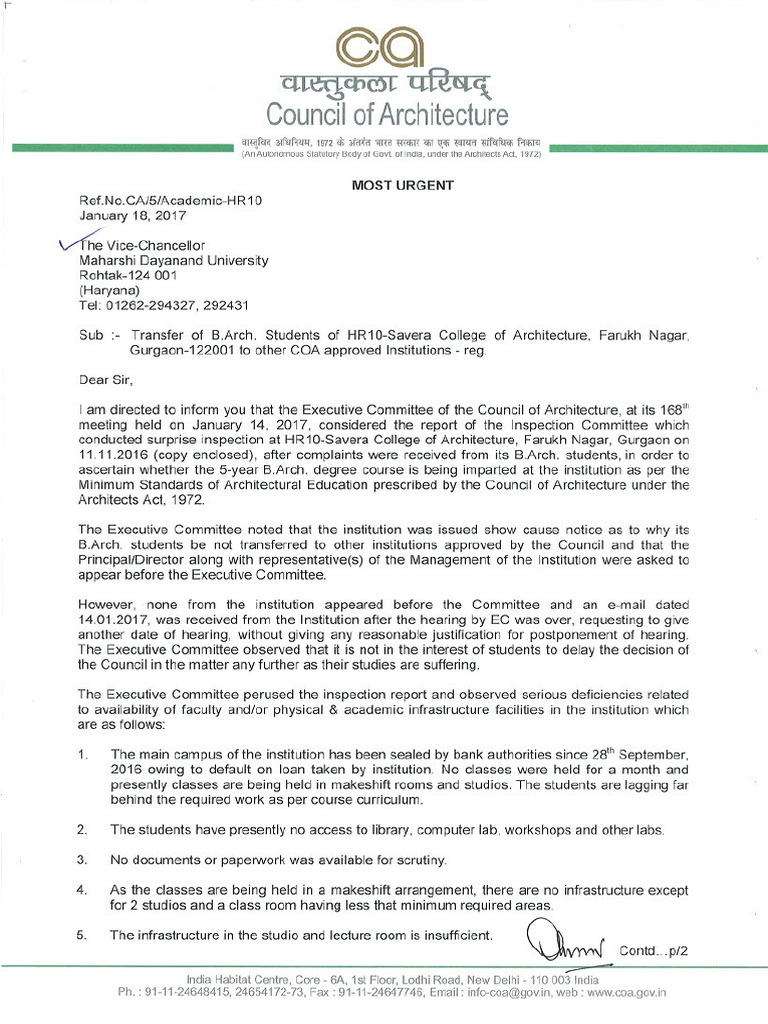 COA Letter Issued To Savera College of Architecture | PDF