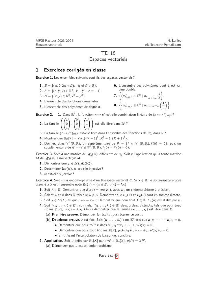 Exercices sur les espaces vectoriels MPSI 2023-2024 | PDF | Application ...