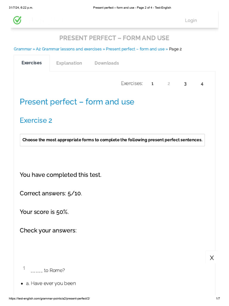Present Perfect - Form and Use - Page 2 of 4 - Test-English | PDF ...