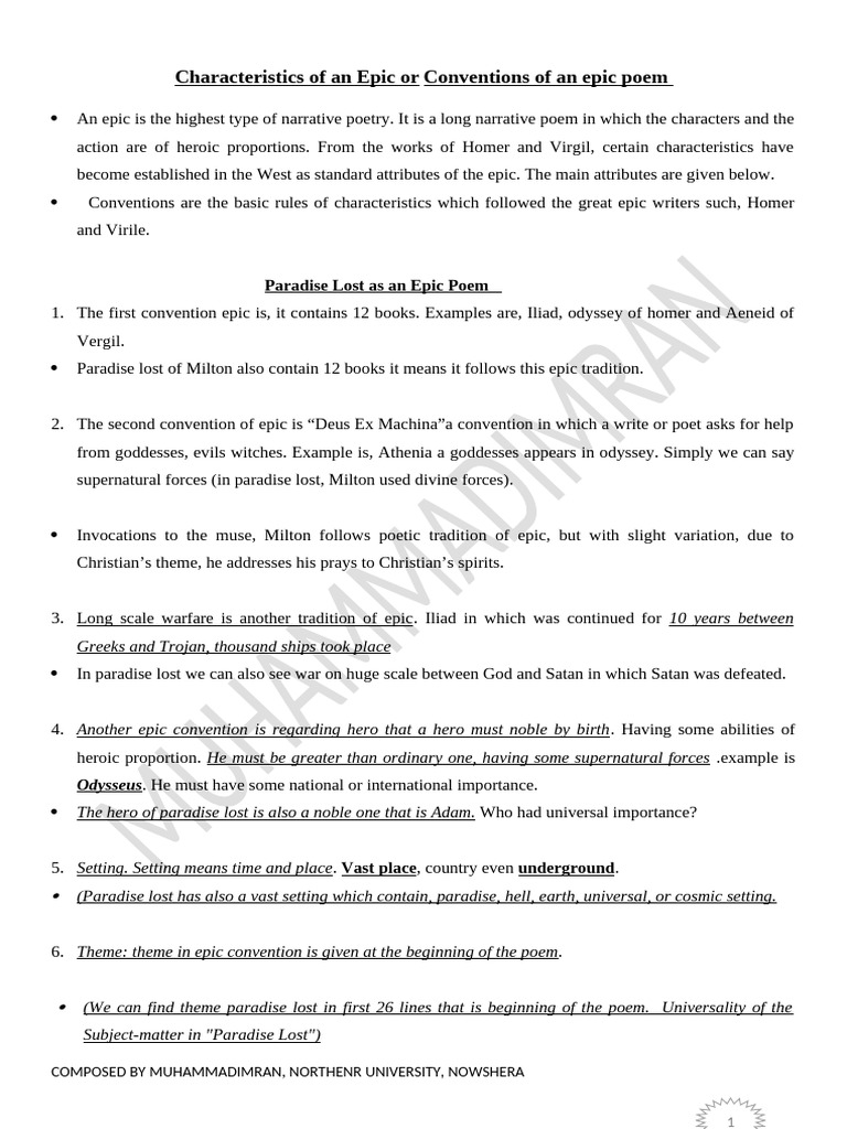 Characteristics of An Epic or Conventions of An Epic Poem | PDF ...