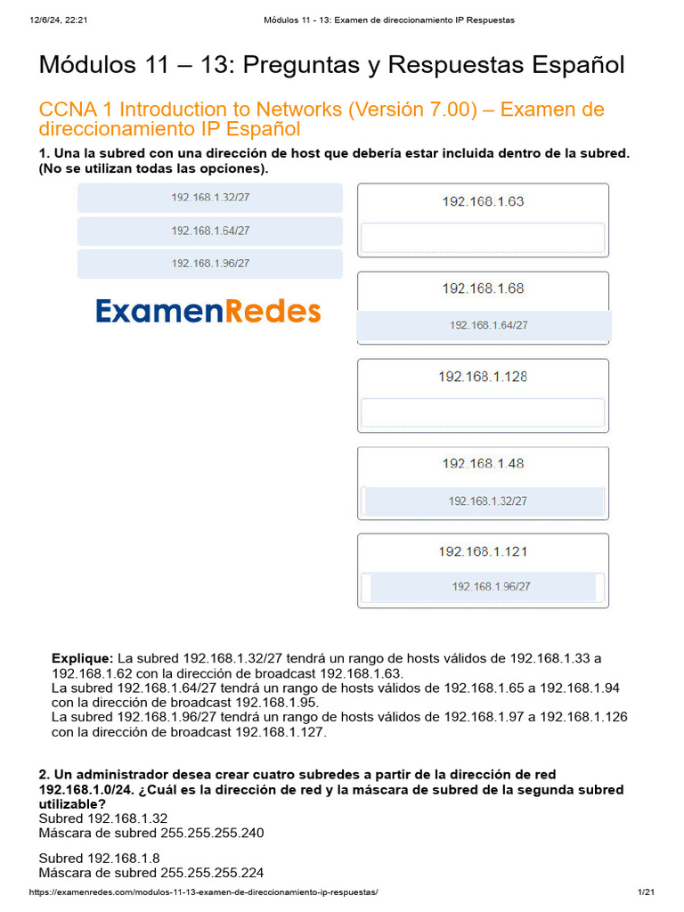 Módulos 11 - 13 - Examen de Direccionamiento IP Respuestas | PDF | Dirección IP | Yo Pv6