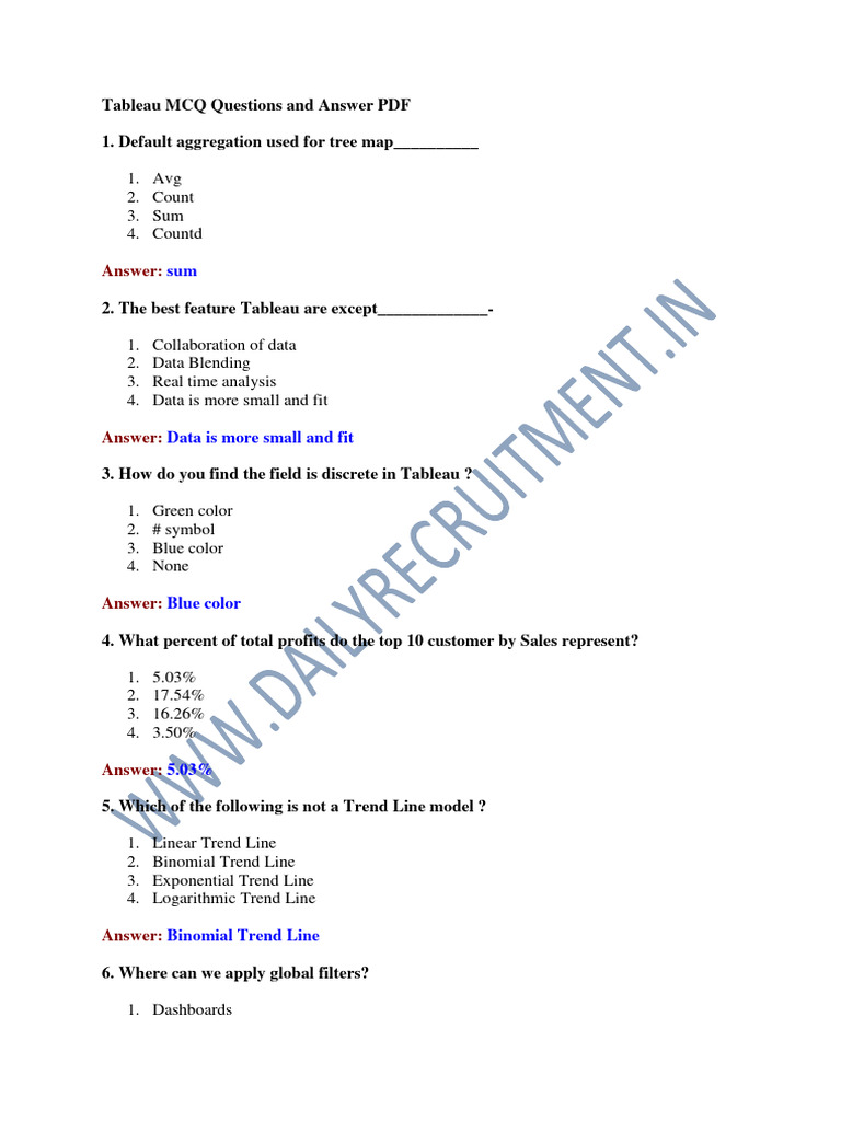 Tableau MCQ Questions and Answer PDF | PDF | Data Type | Computing