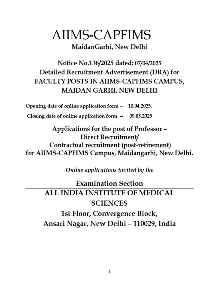 Faculty Recruitment at AIIMS-CAPFIMS | PDF | Doctor Of Medicine | Medicine