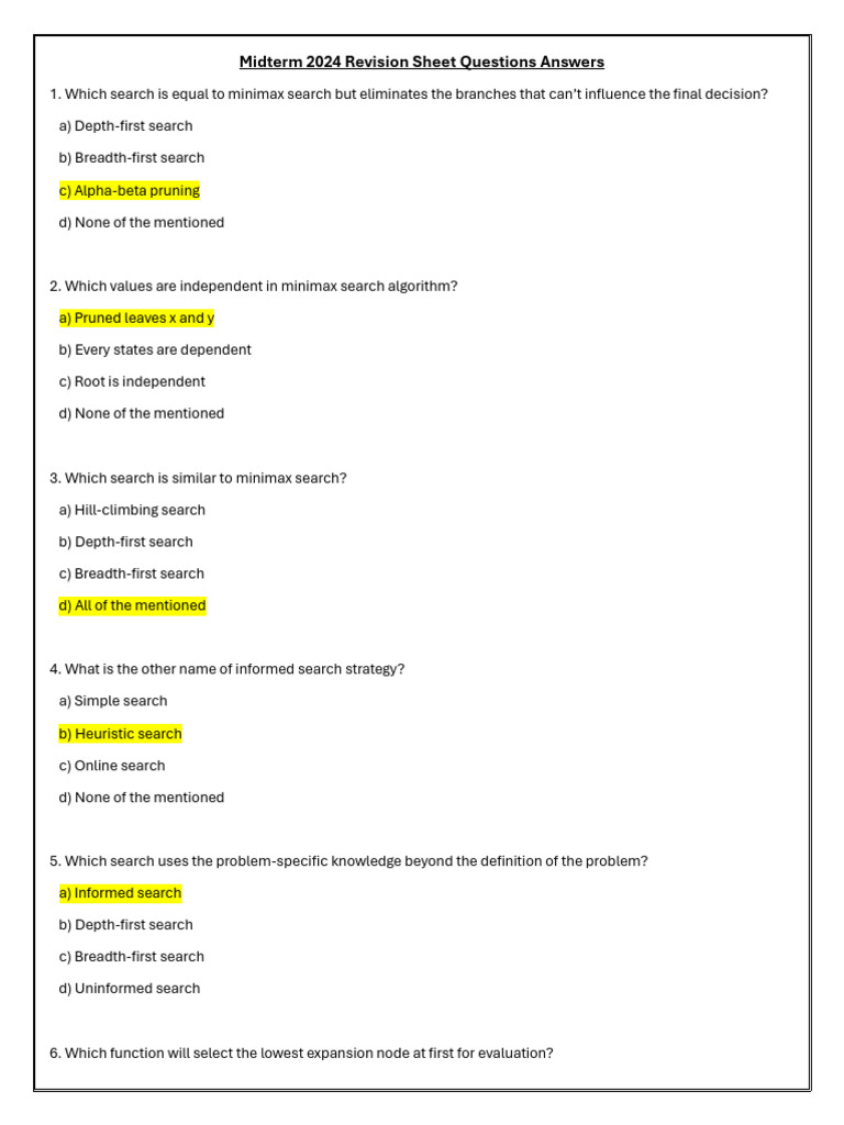 Midterm 2024 Revision Sheet Questions Answers | PDF | Algorithms | Algorithms And Data Structures