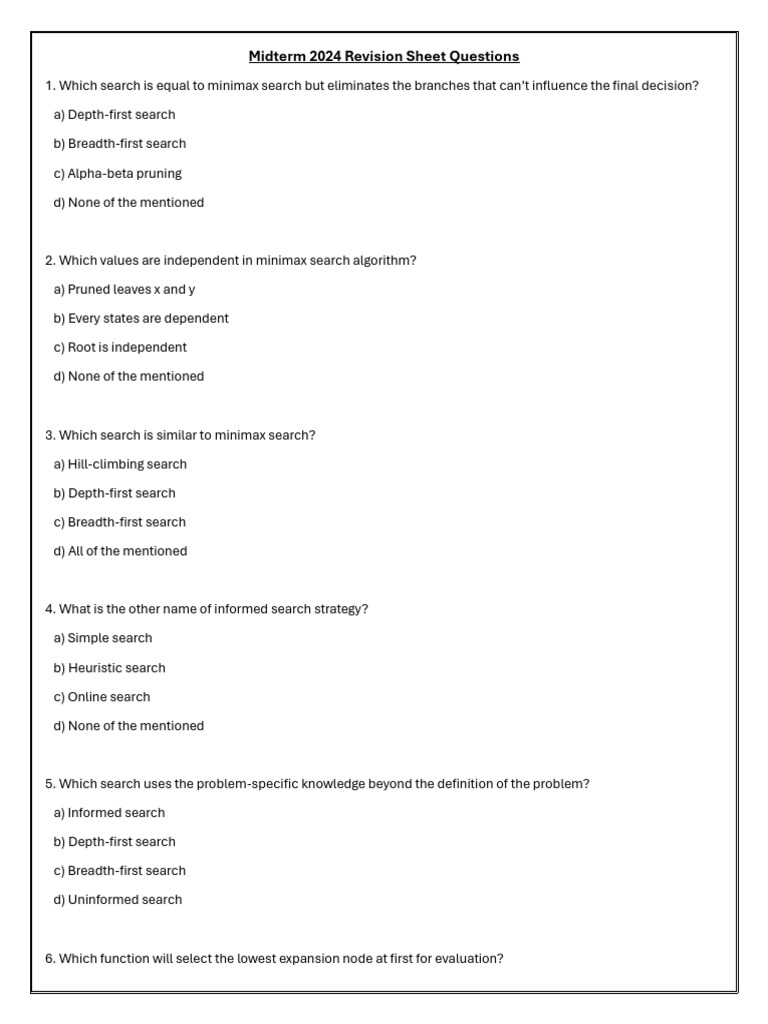 Midterm 2024 Revision Sheet Qustions | PDF | Algorithms | Algorithms And Data Structures