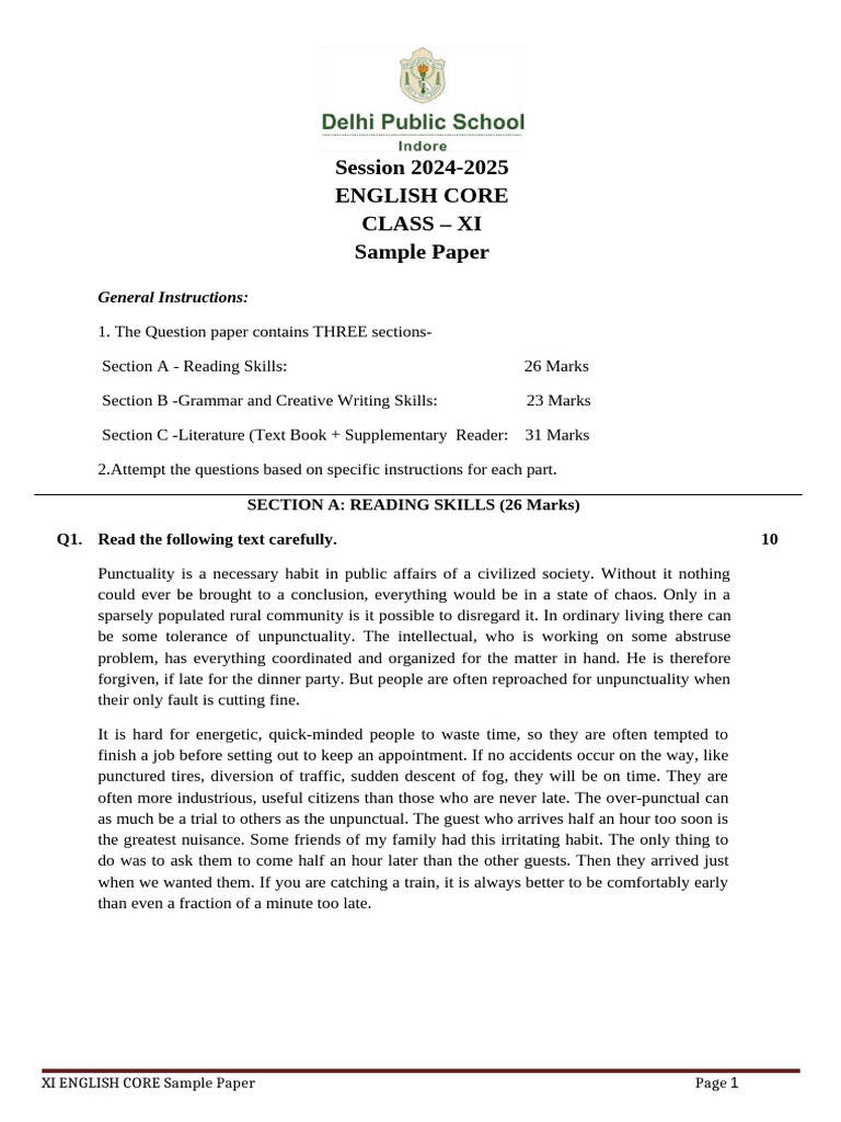 Class 11 English Sample Paper 2024-25 | PDF | Educational Technology ...