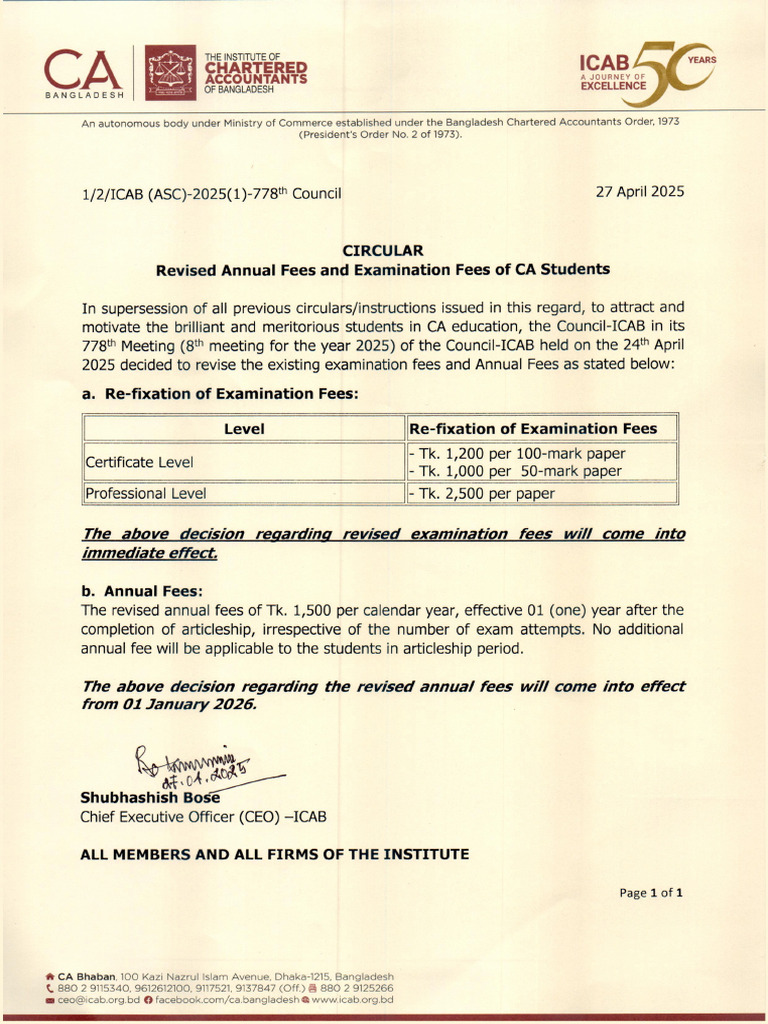 Circular Re Revised Annual Fees and Examination Fees of CA Students - 0001 | PDF