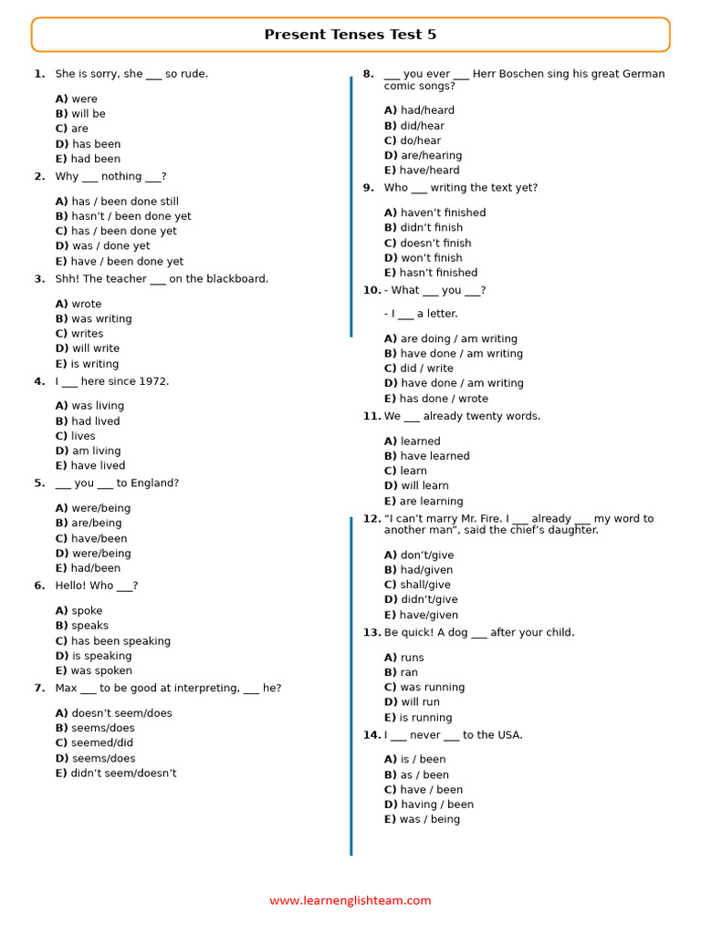 Present Tenses Test 5 | PDF