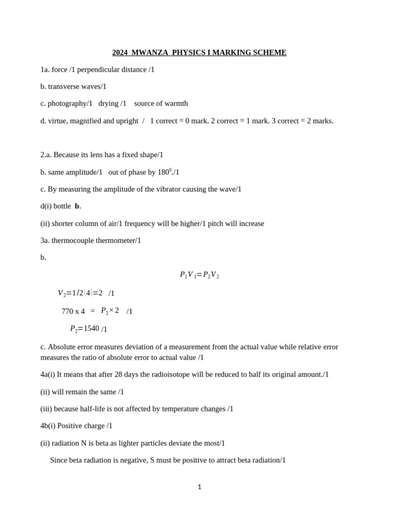 Physics Mwanza PP1 Marking Scheme | PDF | Pressure | Force