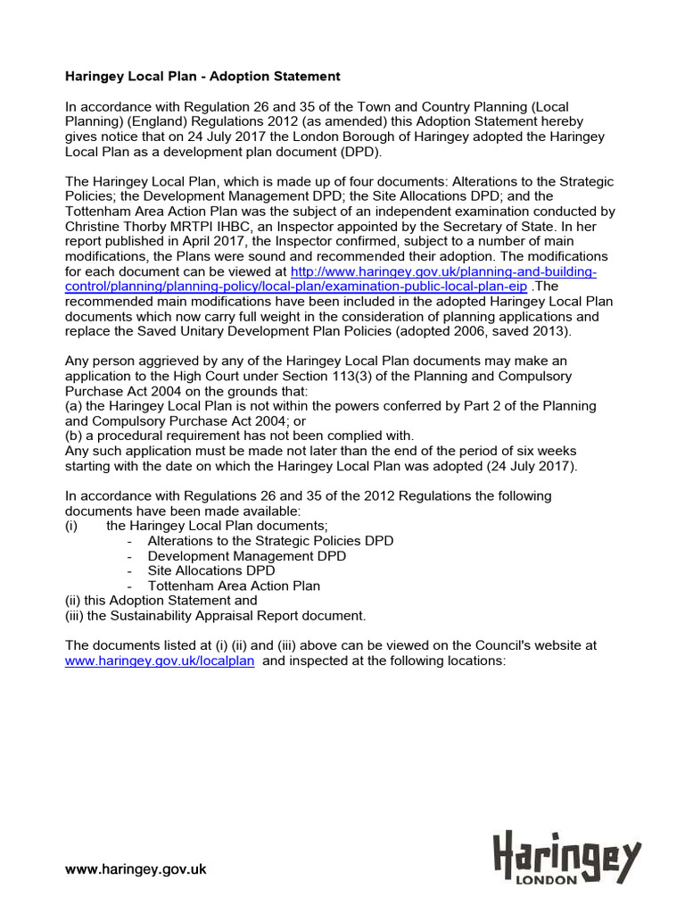 Haringey Local Plan - Adoption Statement | PDF | Government | Justice