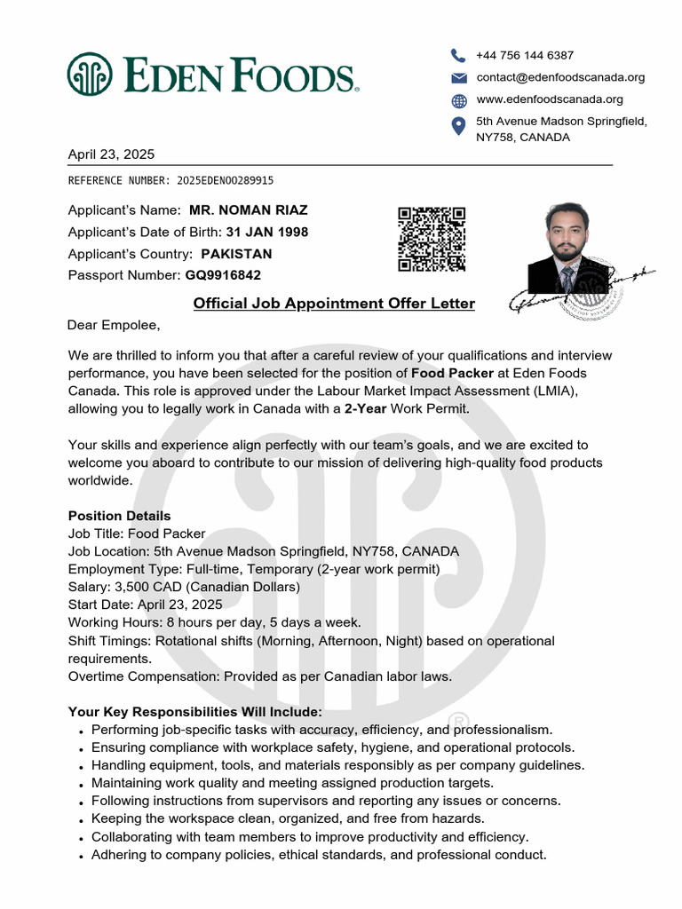 Mr. Noman Riaz Job Appointment Offer Letter Eden Foods Company Canada ...