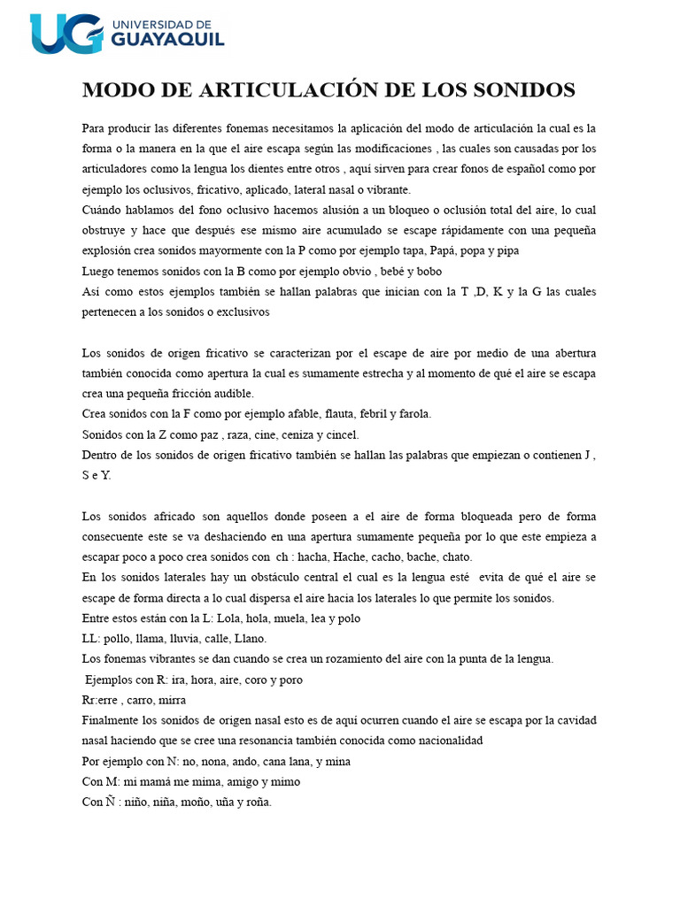 Modo de Articulación de Los Sonidos | PDF