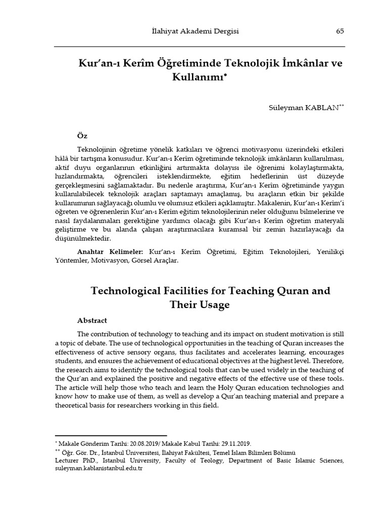 Kur an- Kerim Retiminde Teknolojik Mk Nlar Ve Kullan m - Technological Facilities for Teaching ...