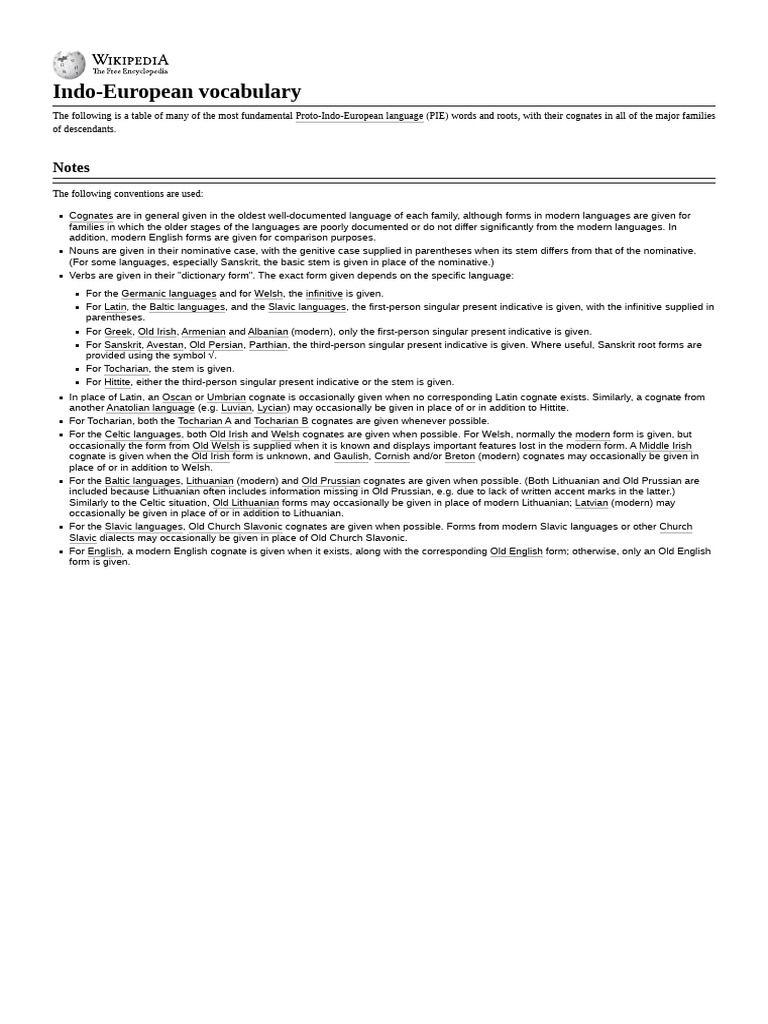 Indo European Vocabulary | PDF | Language Families | Linguistics