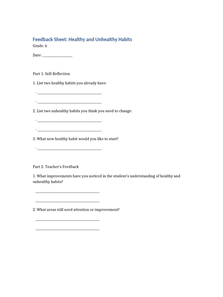 Healthy Unhealthy Habits Feedback Sheet | PDF