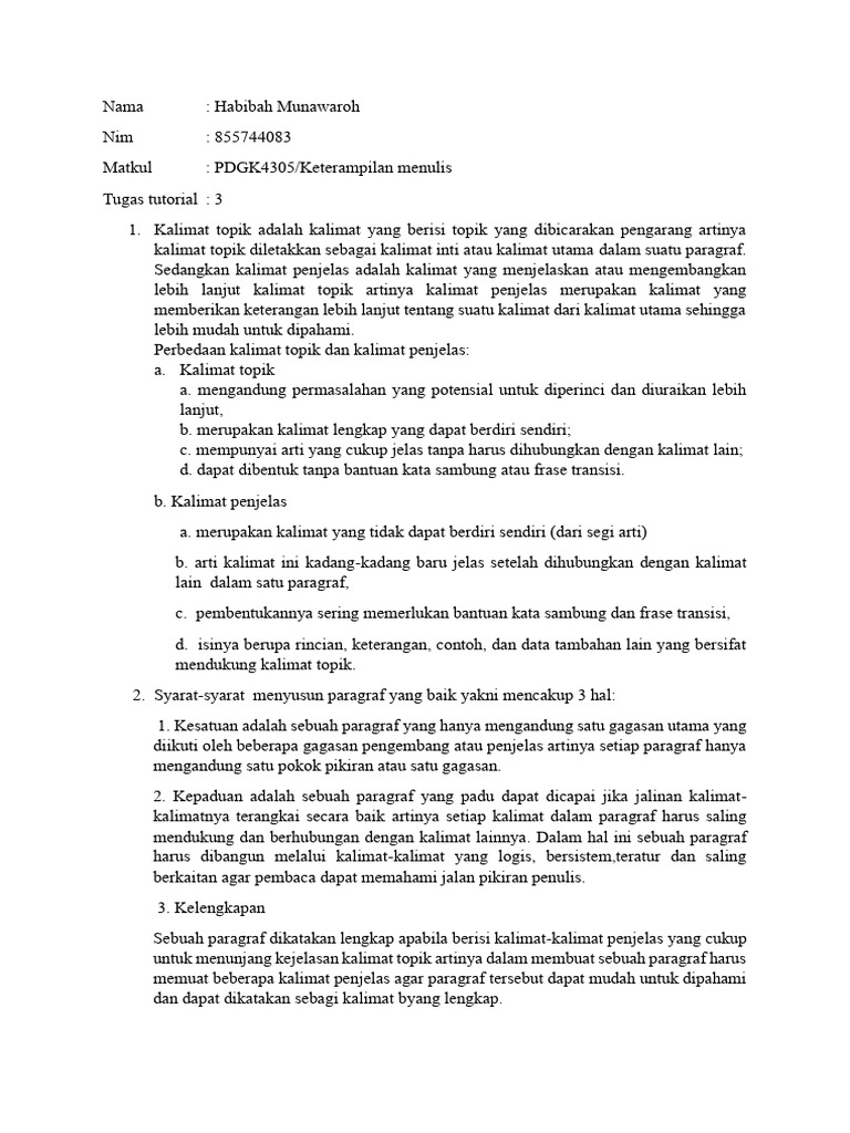 Tugas Tutorial 3 - Keterampilan Menulis - Habibah - 855744083 | PDF