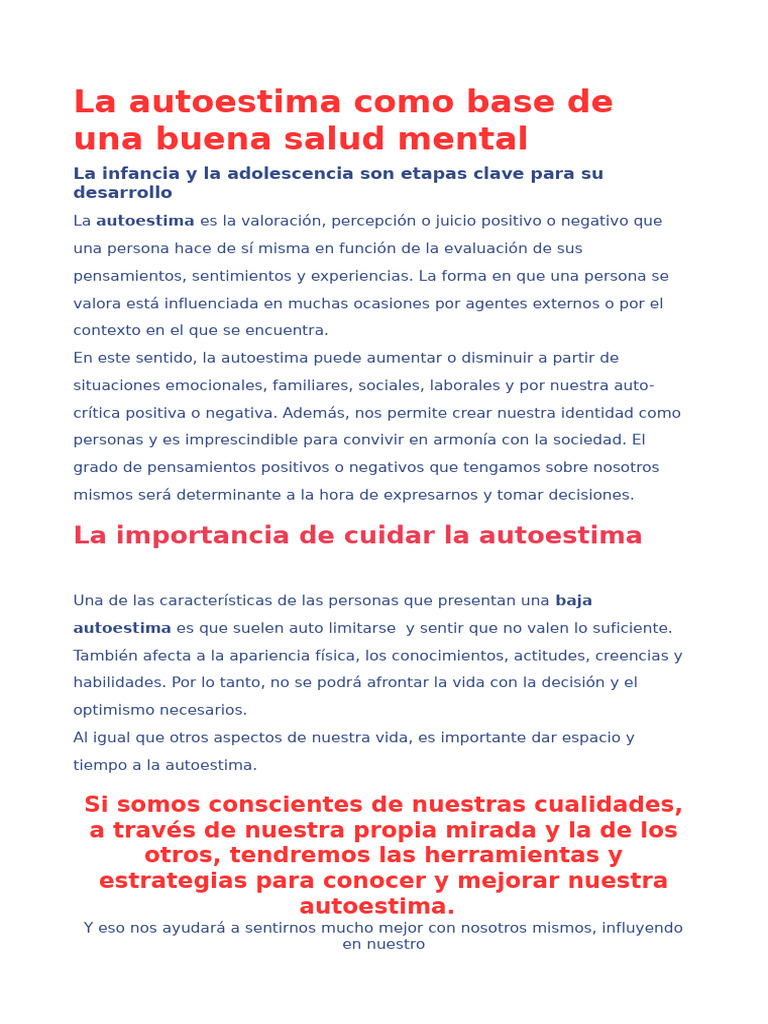 Importancia de la autoestima en adolescentes | PDF | Autoestima ...