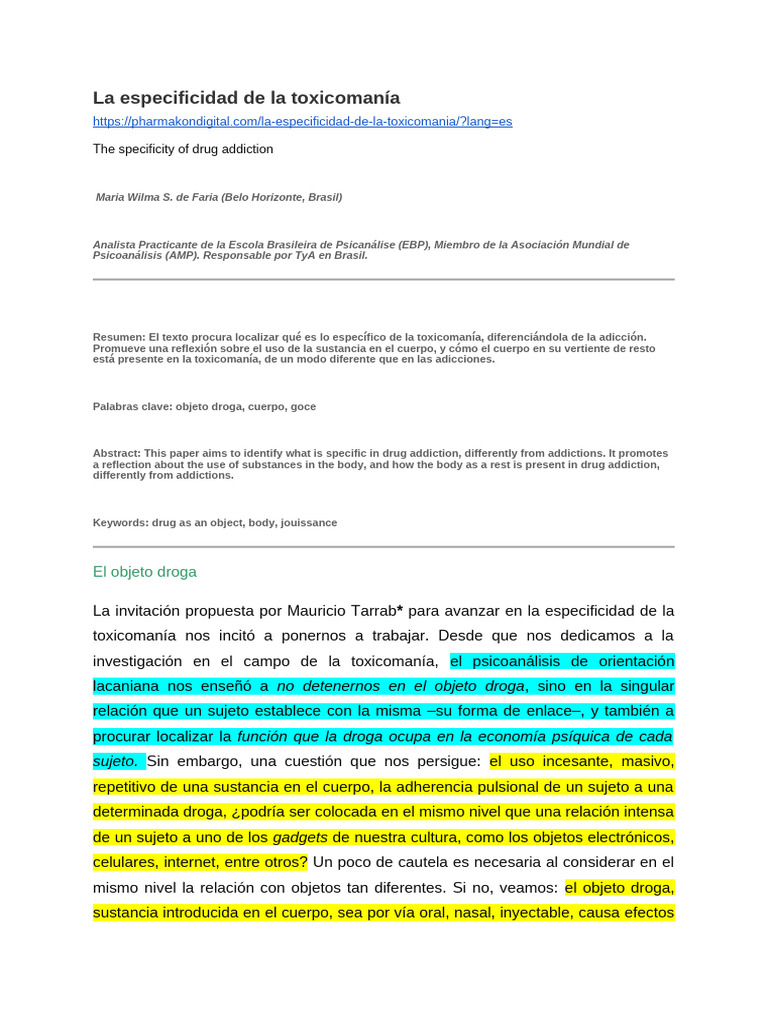 La Especificidad de La Toxicomanía (¿Adicciones o Toxicomanías ...