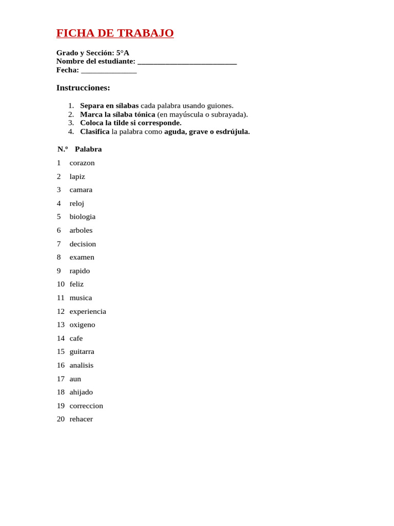 Ficha de Trabajo Silabear | PDF