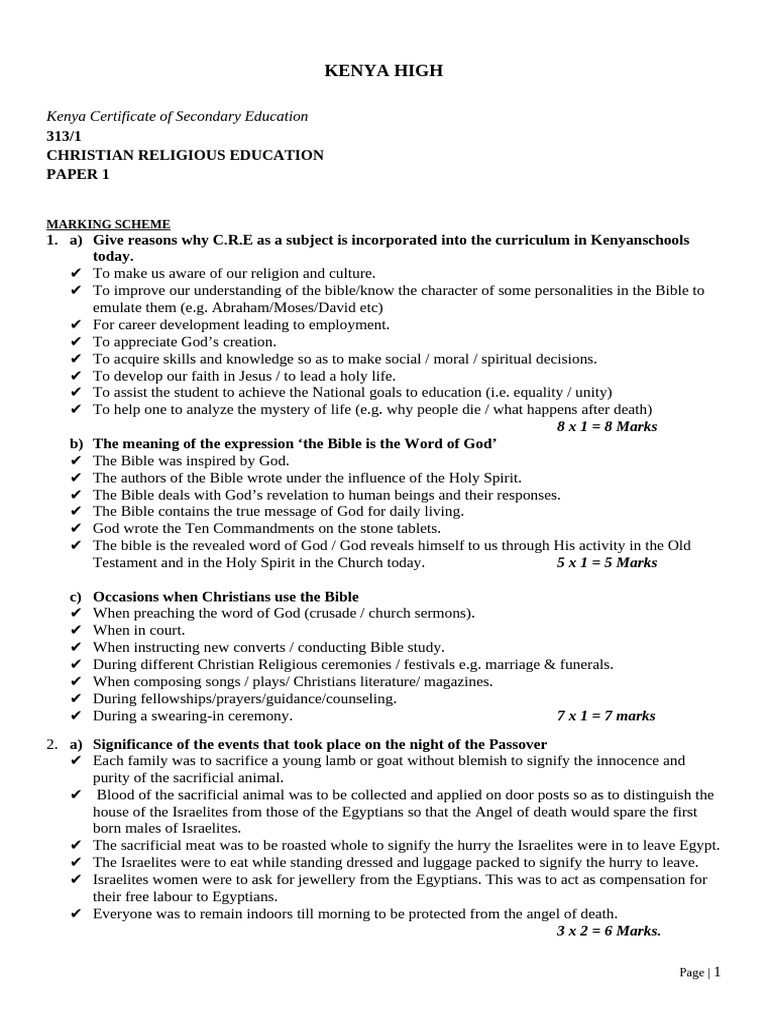 2021 CRE p1 Ms Kenya High Mock Teacher - Co - .Ke | PDF | Elijah | Bible