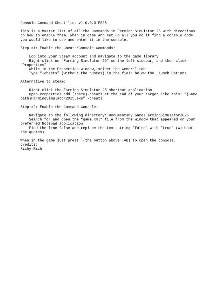 FS25 StartCheats | PDF