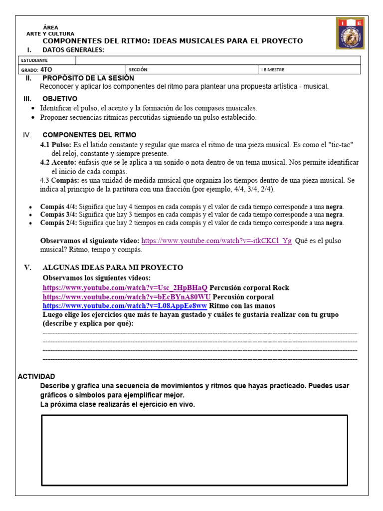Ficha de Trabajo - Componentes Del Ritmo - Semana 4 - Ib - 2025 - 4to ...