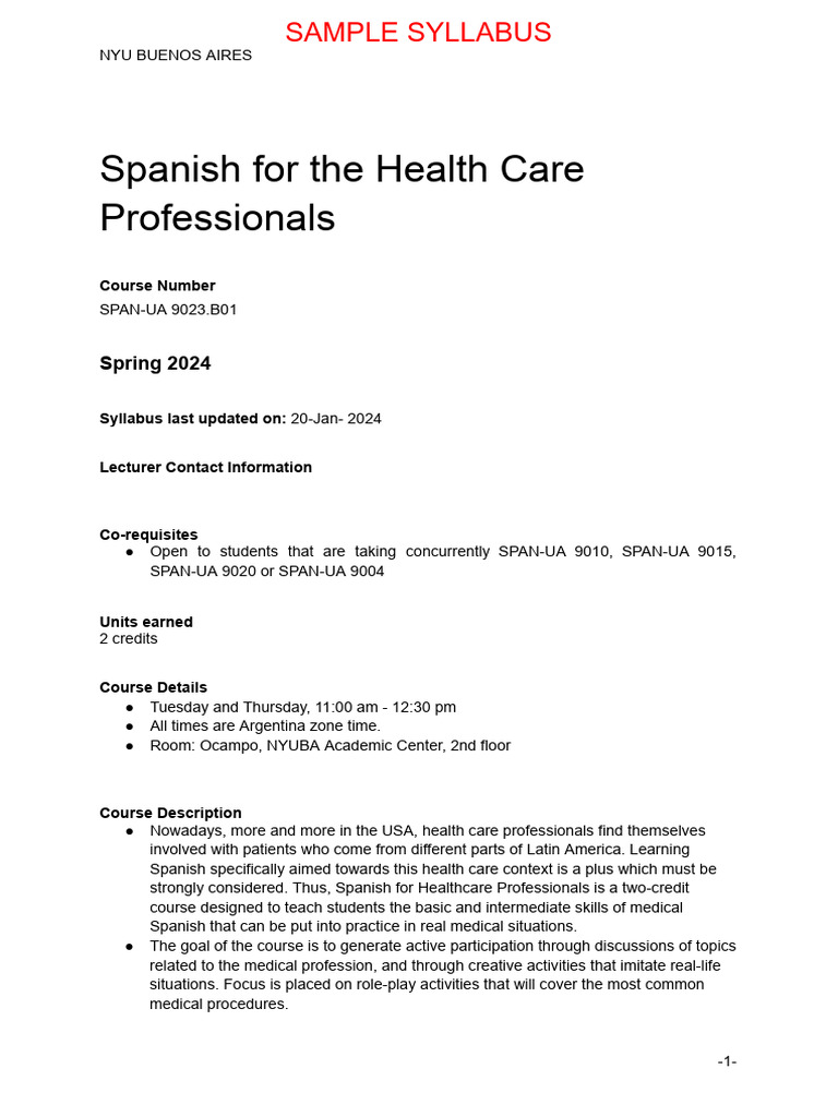 Spanish for Healthcare Professionals Syllabus | PDF | Academic ...