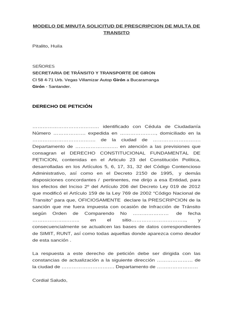 Solicitud de Prescripción de Multa de Tránsito | PDF