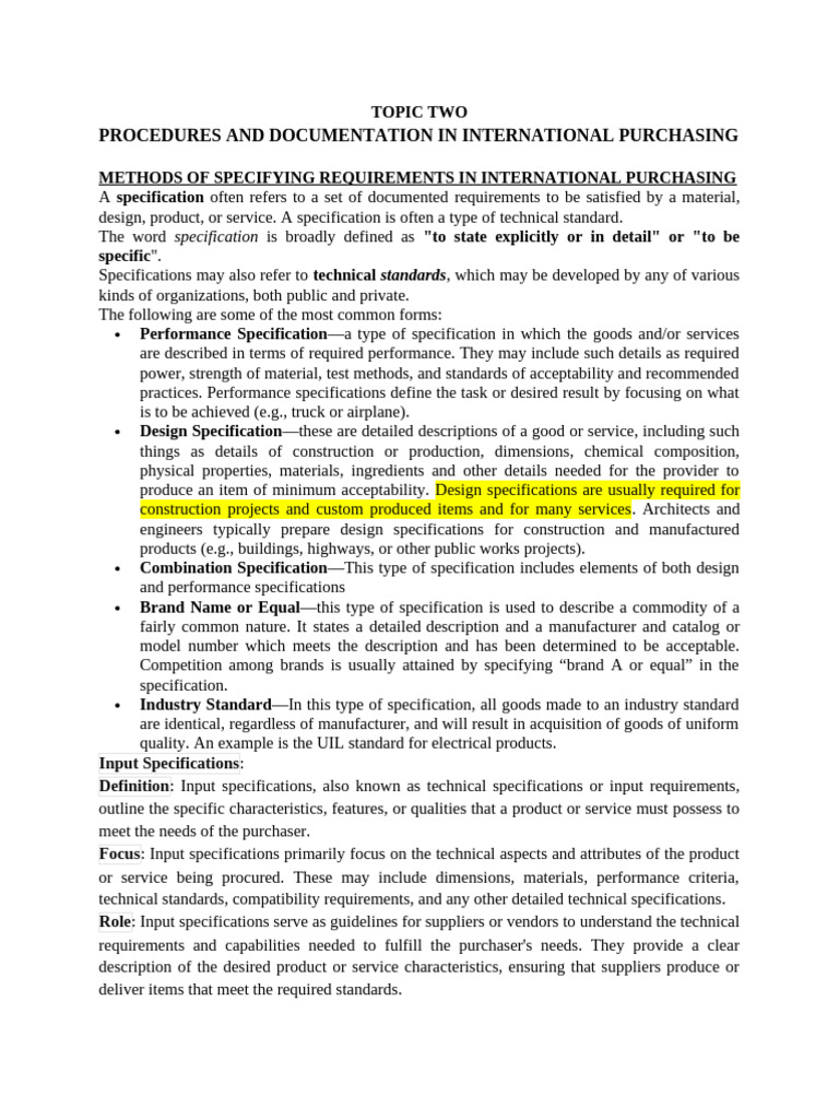 TOPIC TWO PROCEDURES AND DOCUMENTATION IN INTERNATIONAL PURCHASING | PDF | Specification ...
