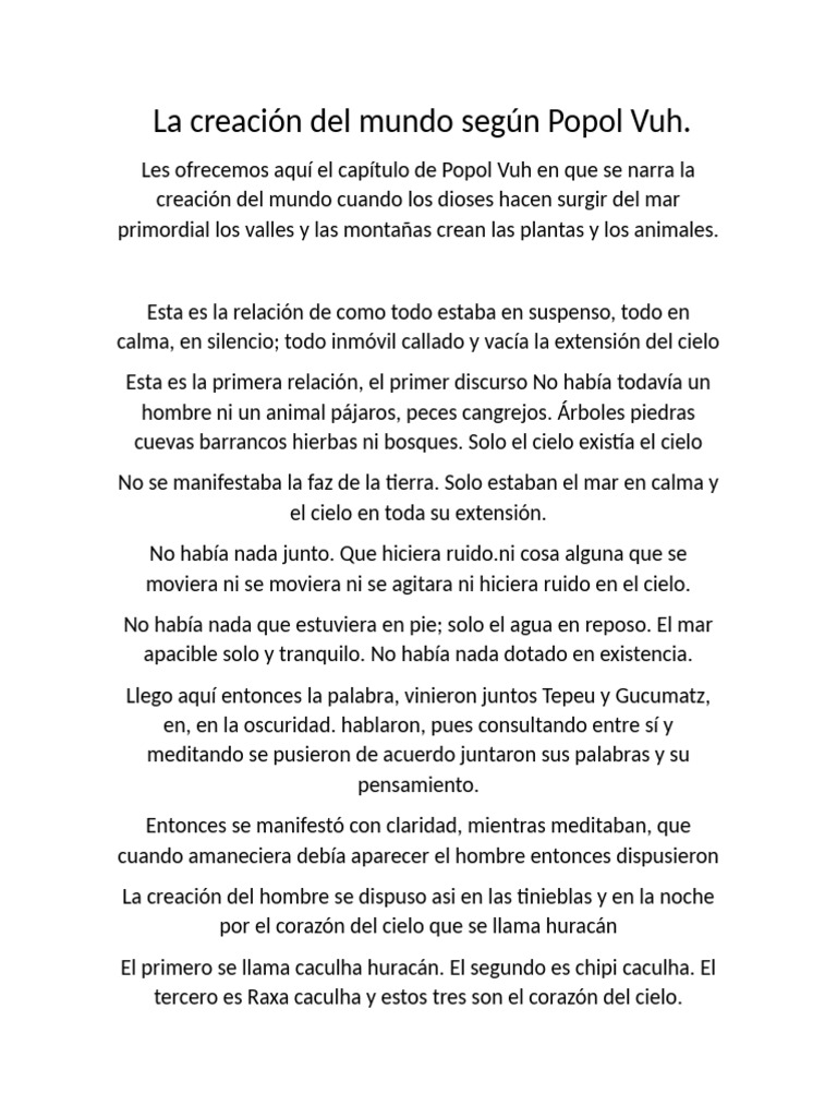 La Creación Del Mundo Según Popol Vuh | PDF | Mitos de la creación ...