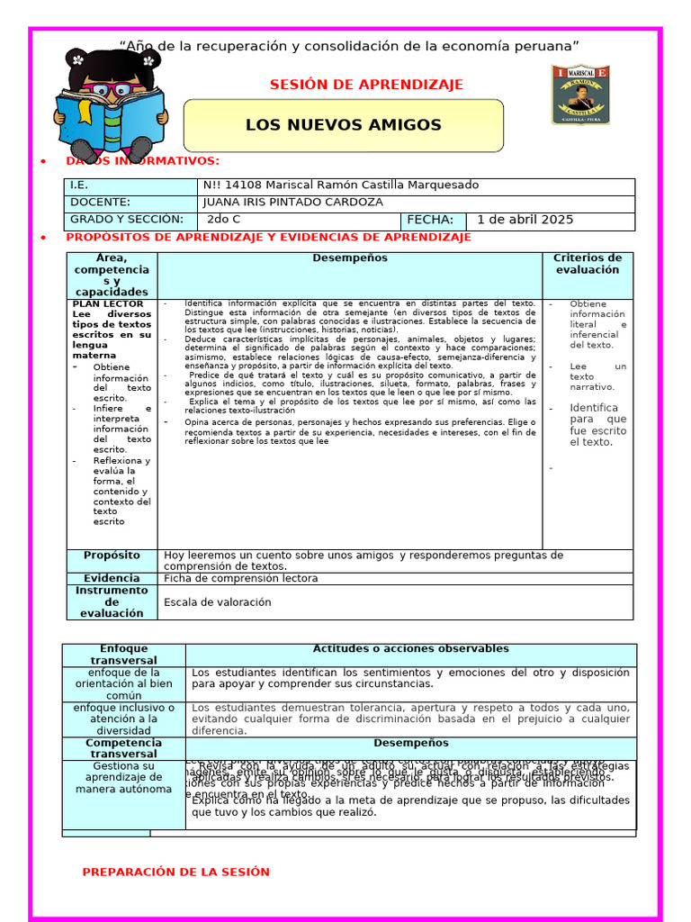 U Sesion D4 Plan Lector Los Nuevos Amigos | PDF | Aprendizaje ...